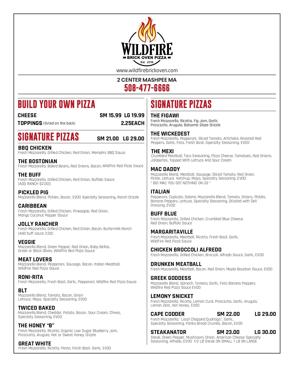 Our Menu | Wildfire Brick Oven Pizza